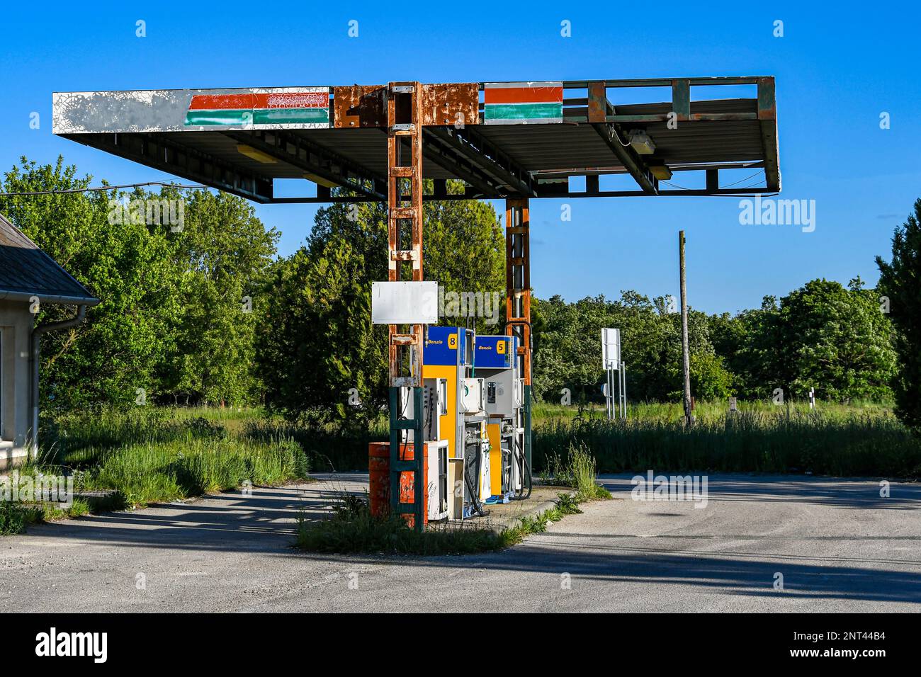 Abandoned, closed, rusty gas station in Hungary in the summer sun Stock ...
