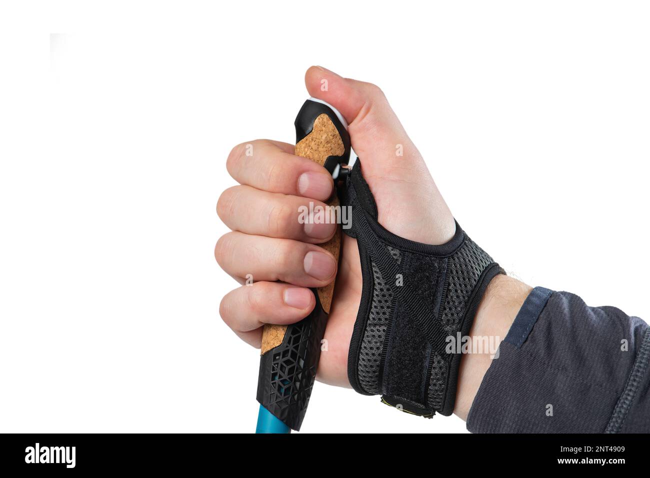 Hand with Nordic walking stick isolated on white background. A cane for ...