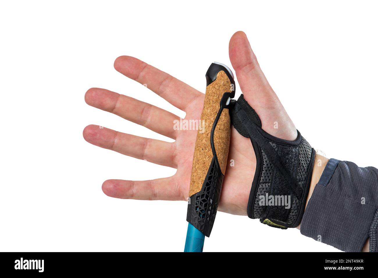 Hand with Nordic walking stick isolated on white background. A cane for ...