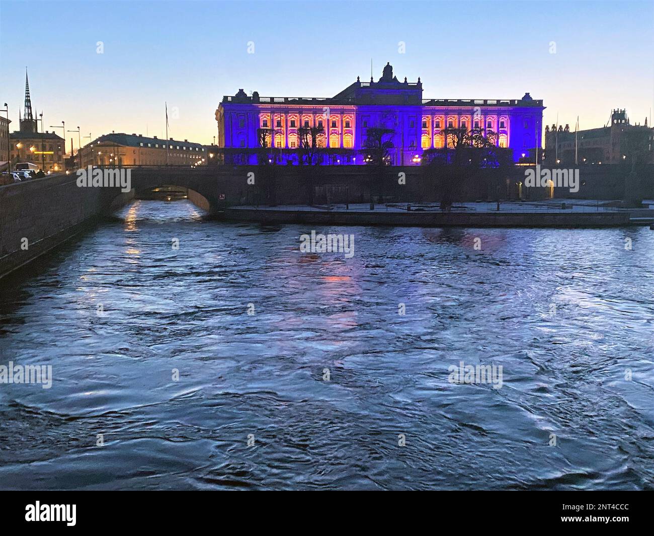 STOCKHOLM, SWEDEN - FEBRUARY 02, 2023 - The Swedish Parliament building is illuminated in the ...