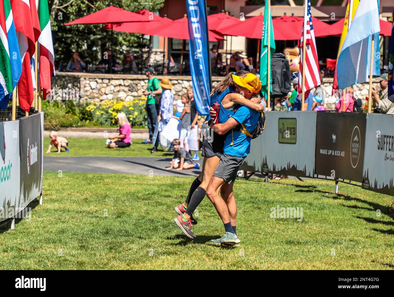Karen Barnes hugs Jody Draude right, before finishing the final stage ...