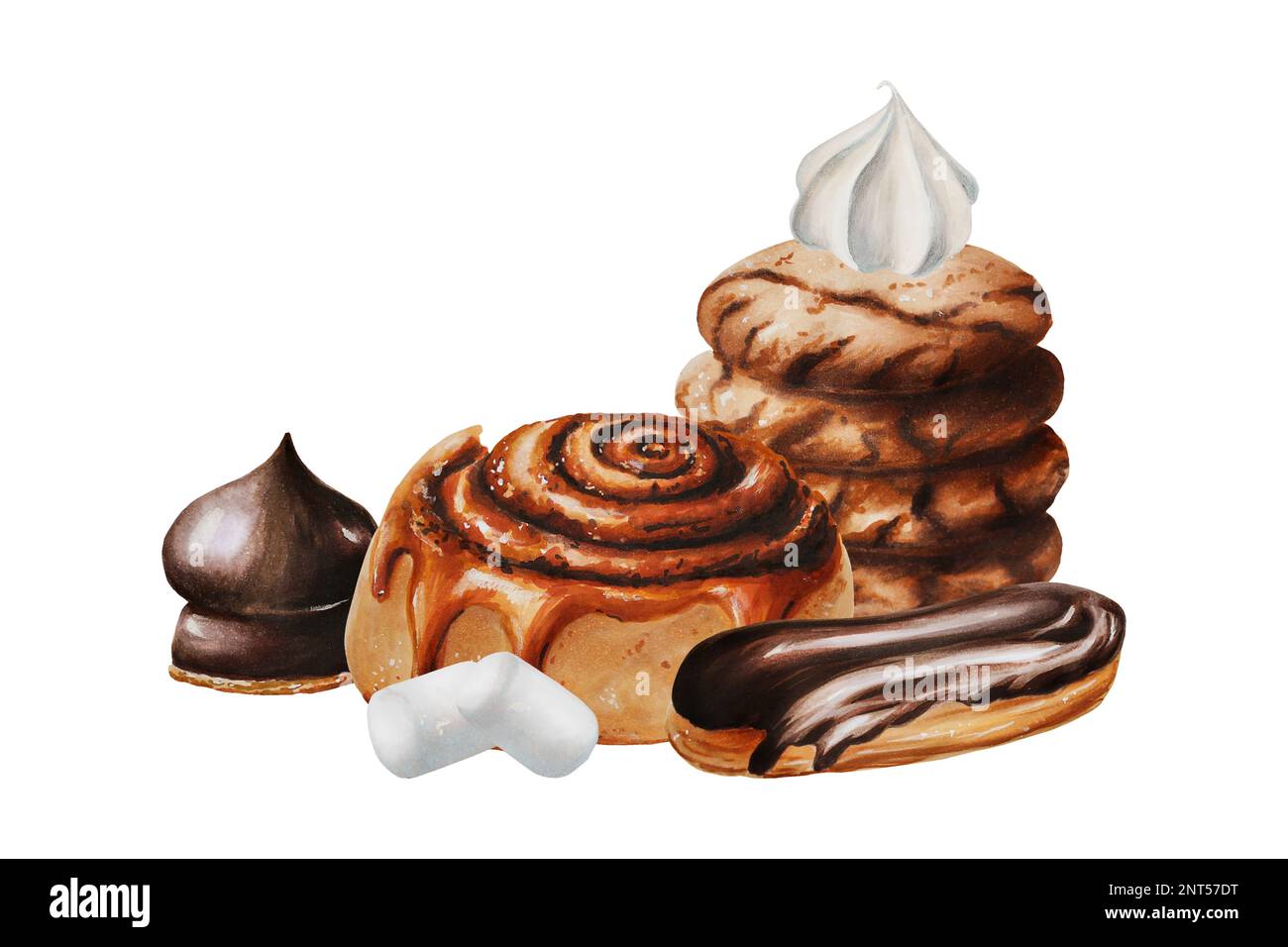 Watercolor composition with cinnamon bun, peanut biscuits, marshmallows ...