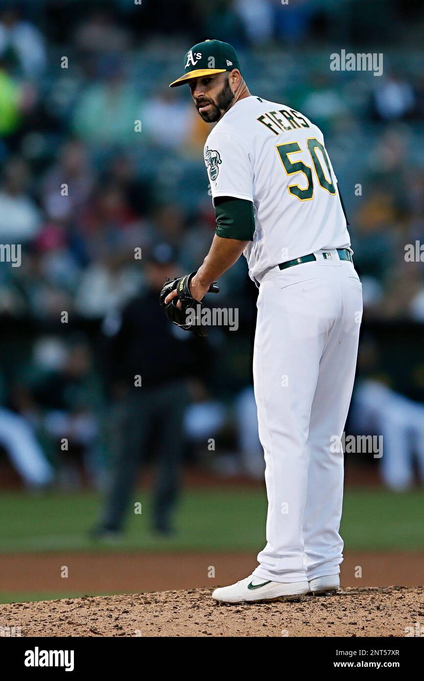 Oakland Athletics starting pitcher Mike Fiers (50) on the mound during ...