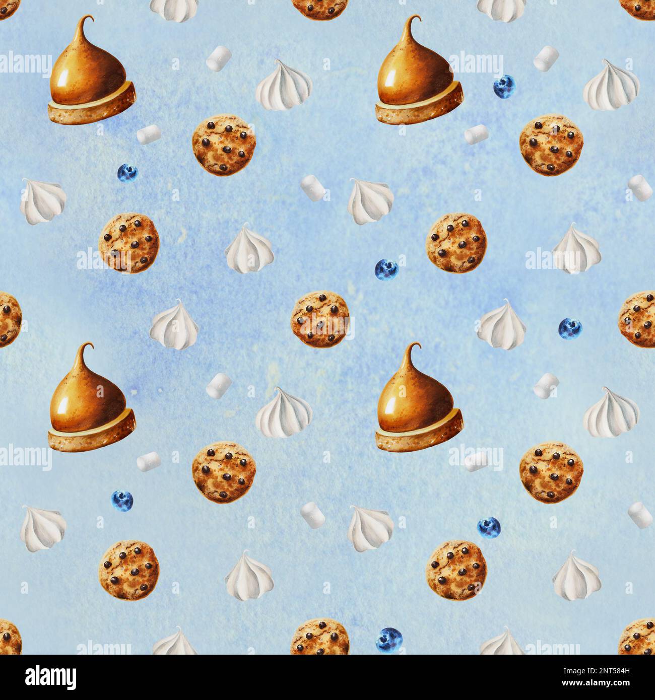 Watercolor seamless pattern with biscuits, meringue, marshmallows ...