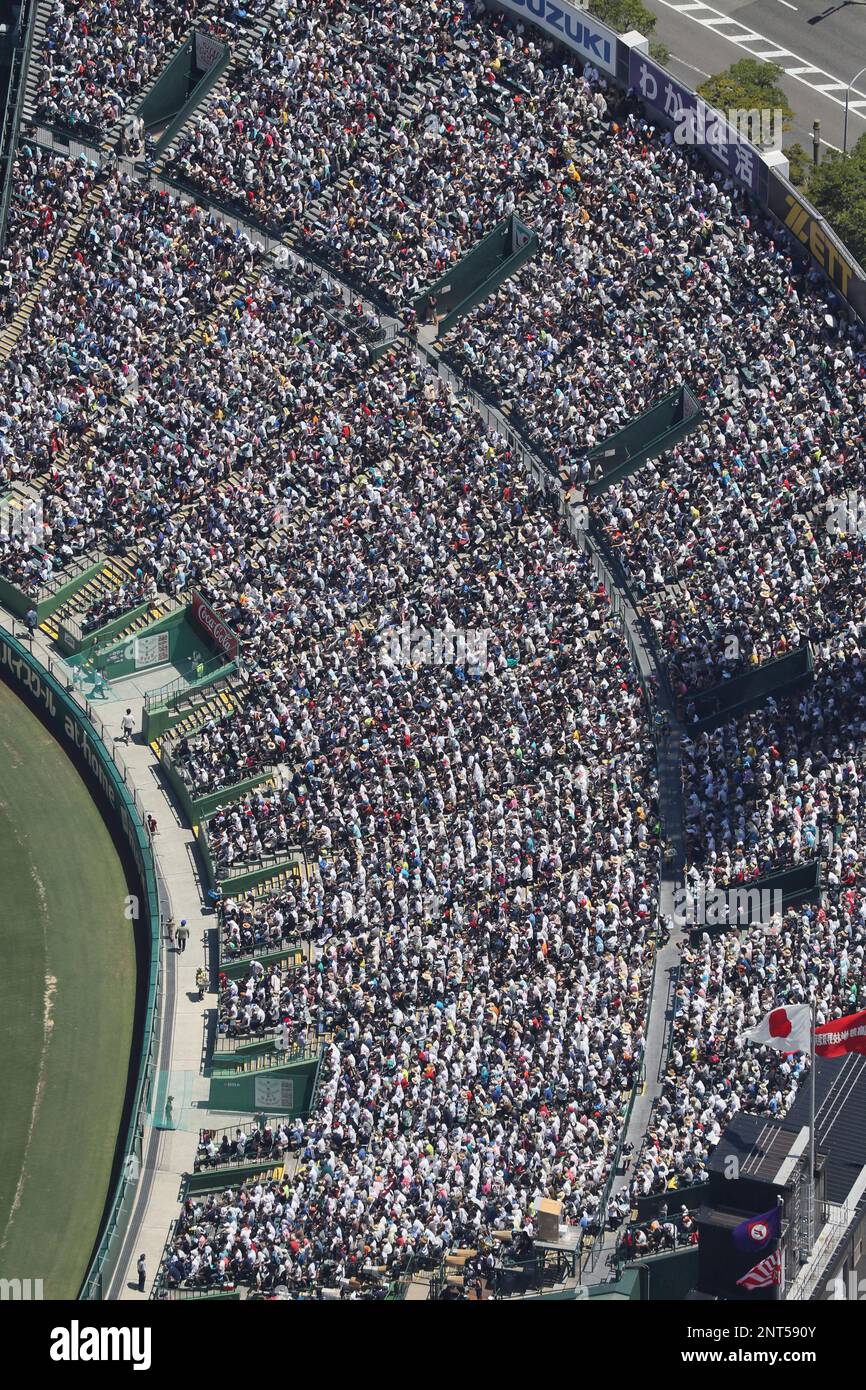 An aerial photo shows full of spectators at Hanshin Koshien Stadium ...