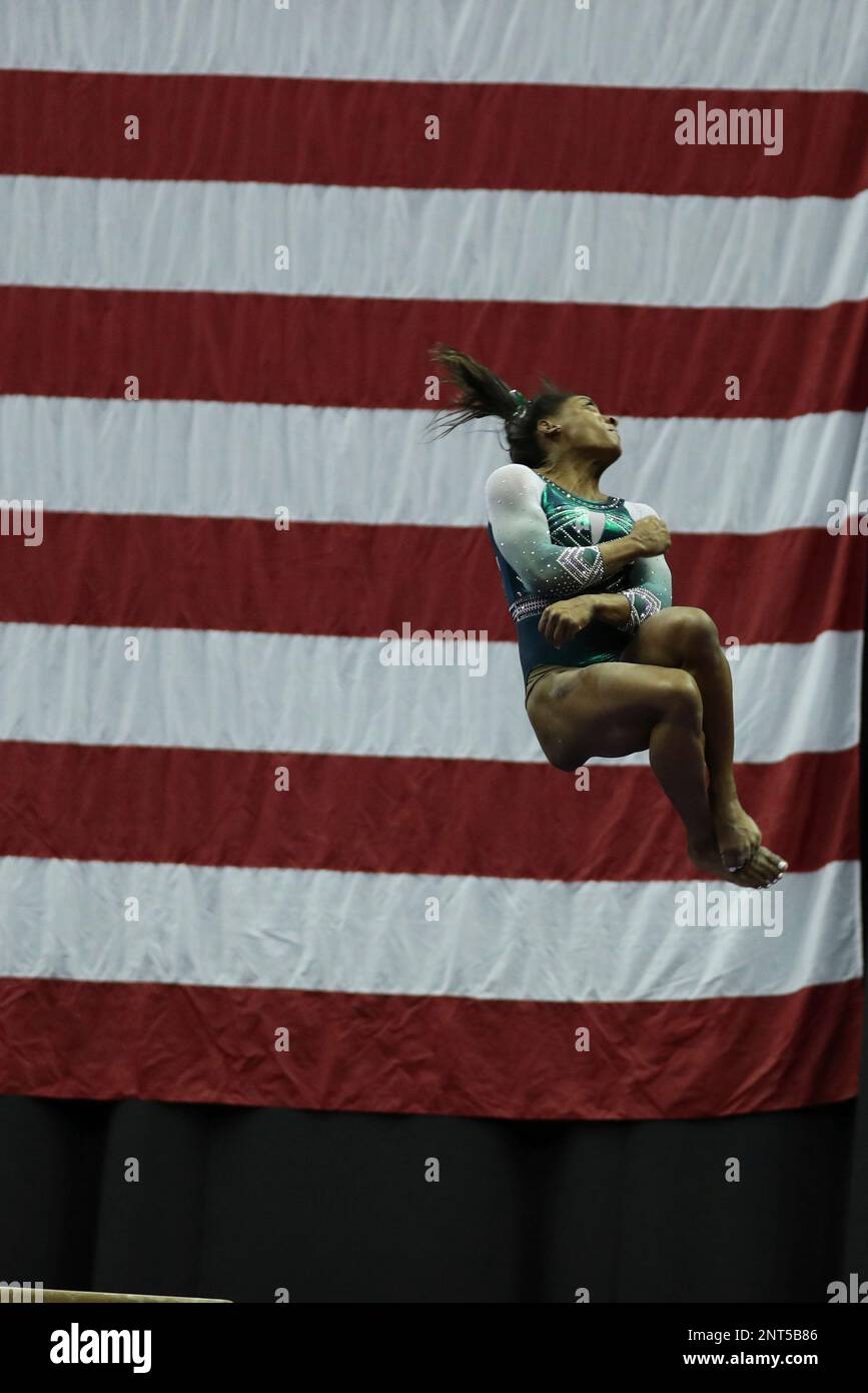 August 9, 2019: Gymnast Simone Biles mid-twist of her historic double ...