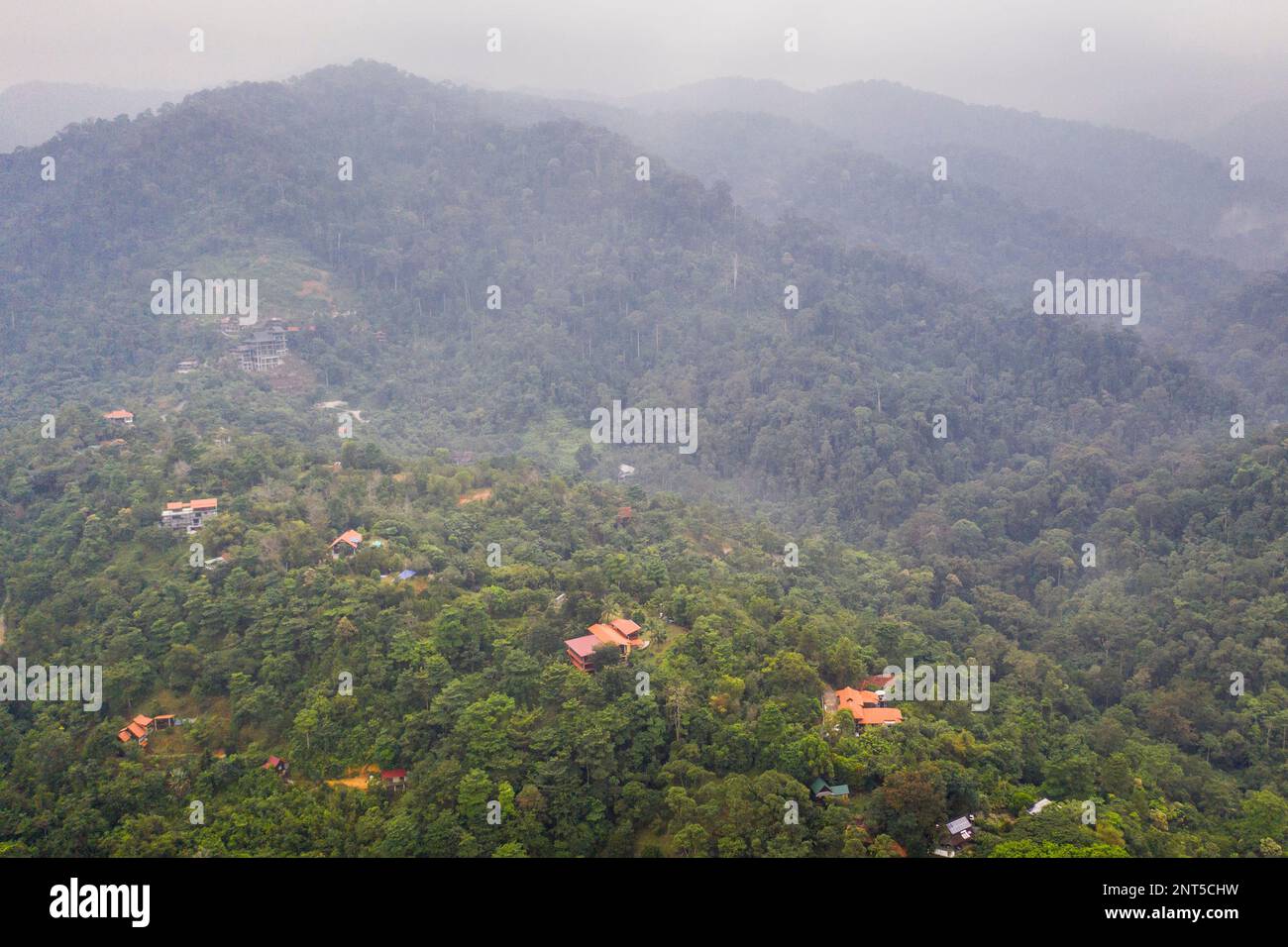 This aerial image shows the tropical forest surrounding the Dusun eco ...