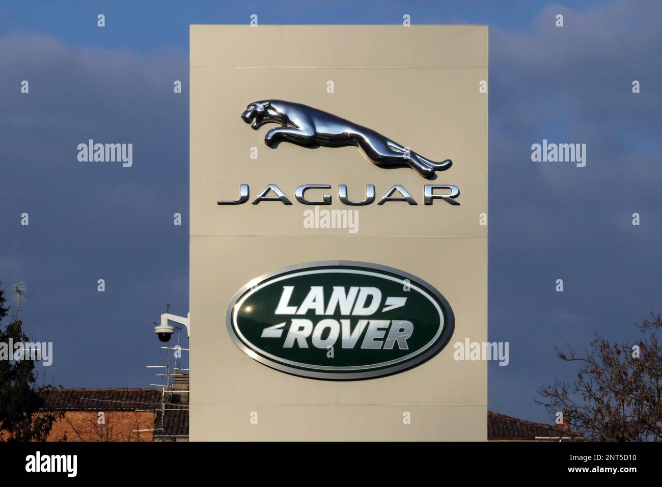 Italy, year 2023, Jaguar and Land Rover brands sign at an car dealer ...