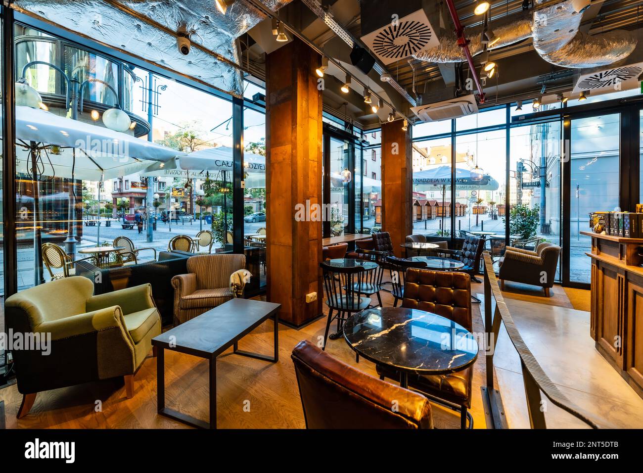 Wroclaw, Poland - May 2022: Interior of one of Green Caffe Nero chain ...