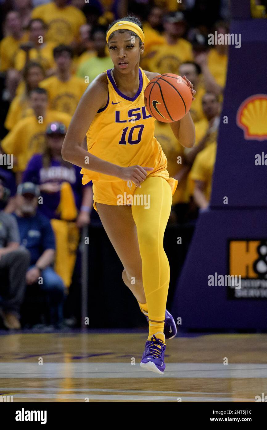 LSU forward Angel Reese (10) dribbles in the first half of an NCAA ...