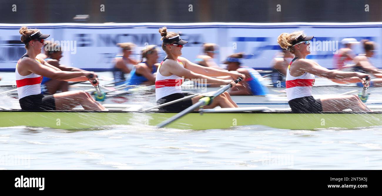German competitors (front) sail during Junior Women's Eight of the ...