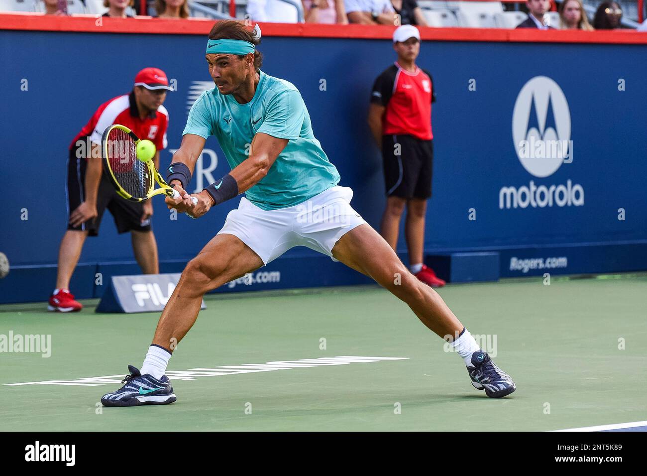 MONTREAL, QC - AUGUST 08: Rafael Nadal (ESP) returns the ball with a ...