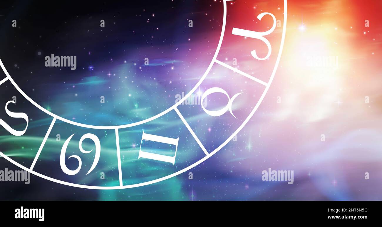 Composition of zodiac star sign wheel with copy space over stars Stock ...