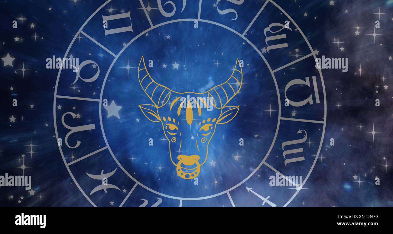 Composition of zodiac wheel with taurus star sign over stars Stock ...