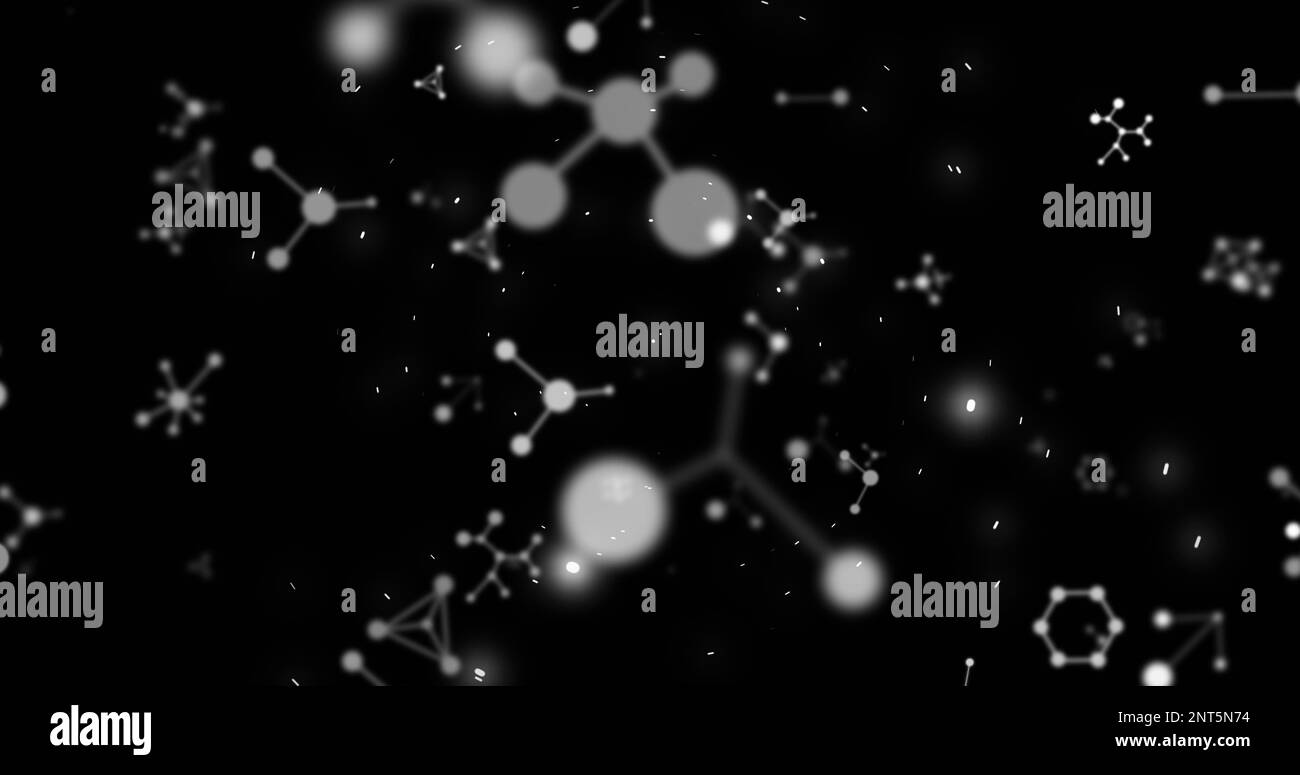 Composition of white molecules floating over black background Stock ...