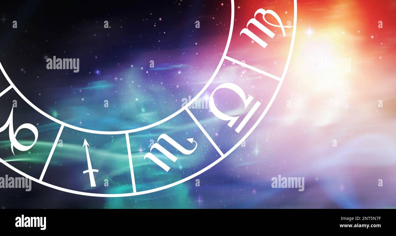 Composition of zodiac star sign wheel with copy space over stars Stock ...