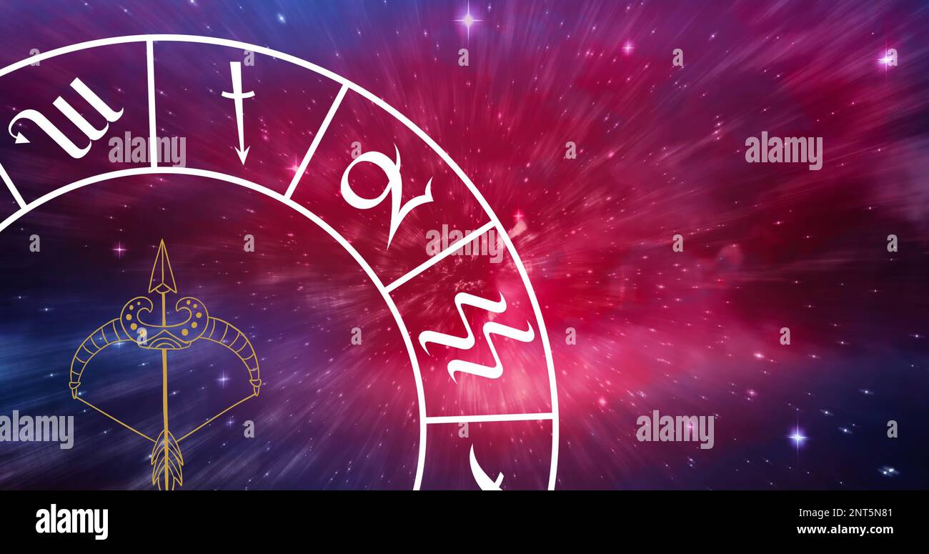 Composition of zodiac wheel with sagittarius star sign over stars Stock ...