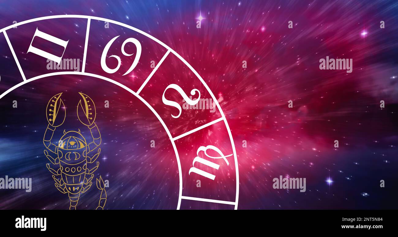 Composition of zodiac wheel with scorpio star sign over stars Stock ...