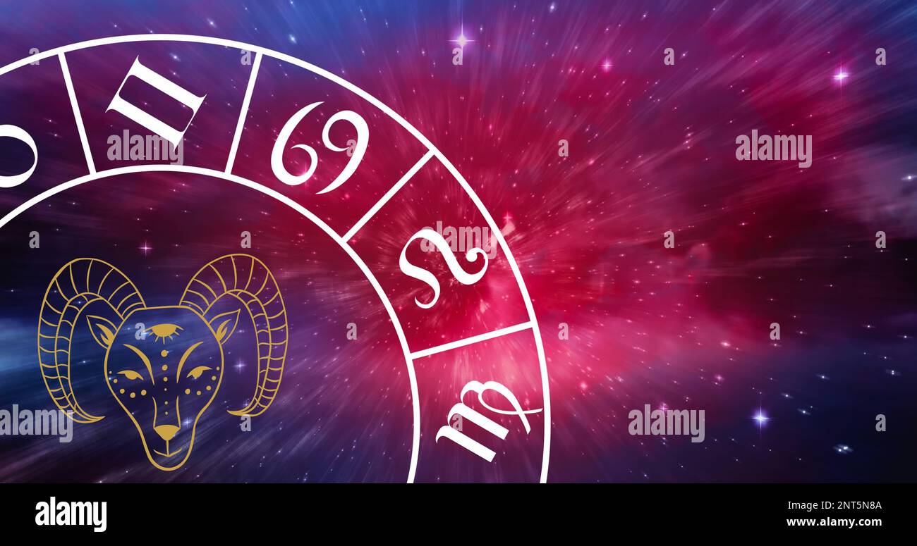 Composition of zodiac wheel with aries star sign over stars Stock Photo ...