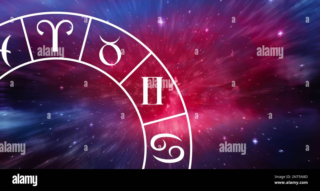 Composition of zodiac star sign wheel with copy space over stars Stock ...
