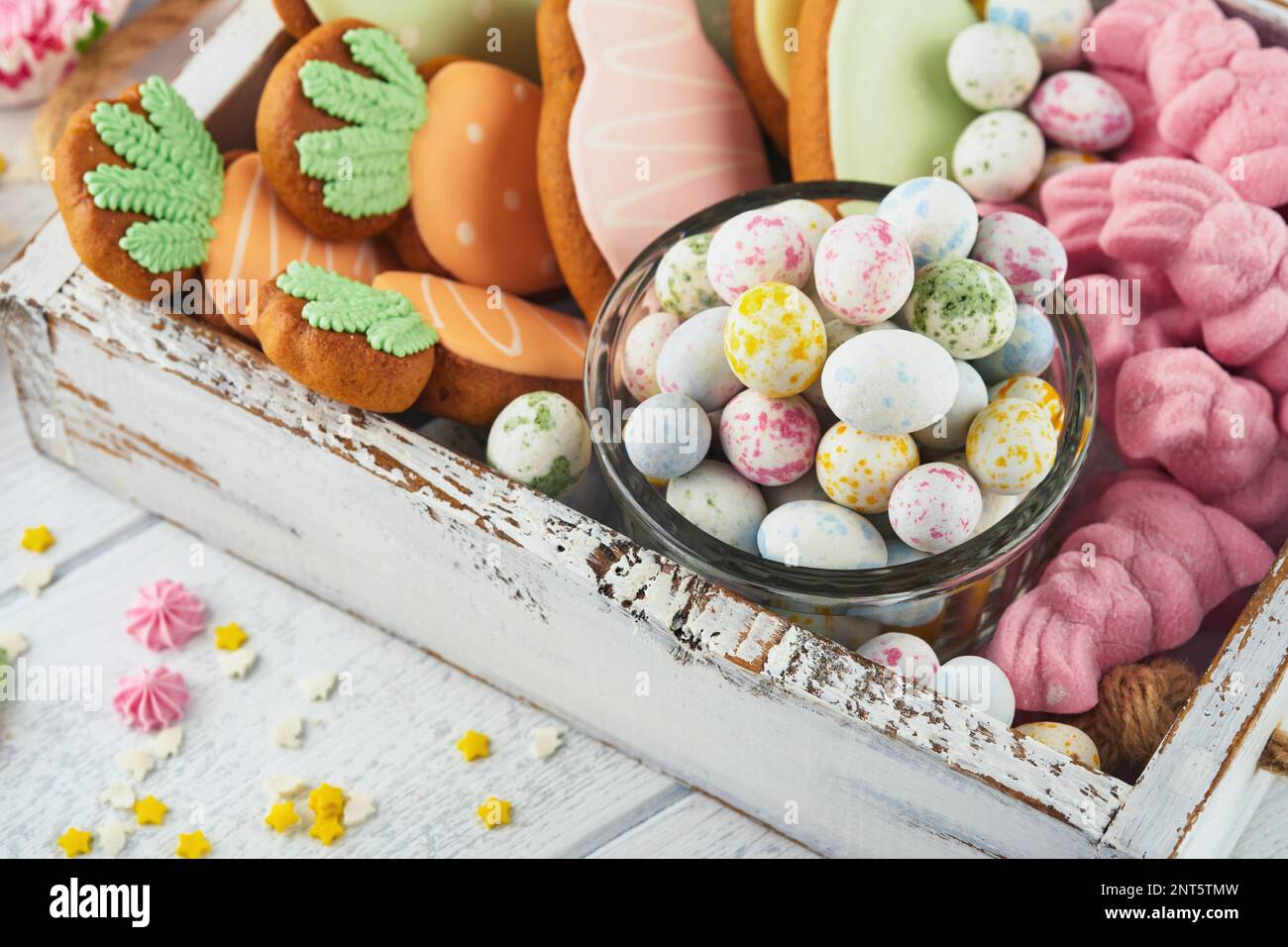 Sweet Easter concept. Sweet Easter kids holiday assortment marshmallows ...