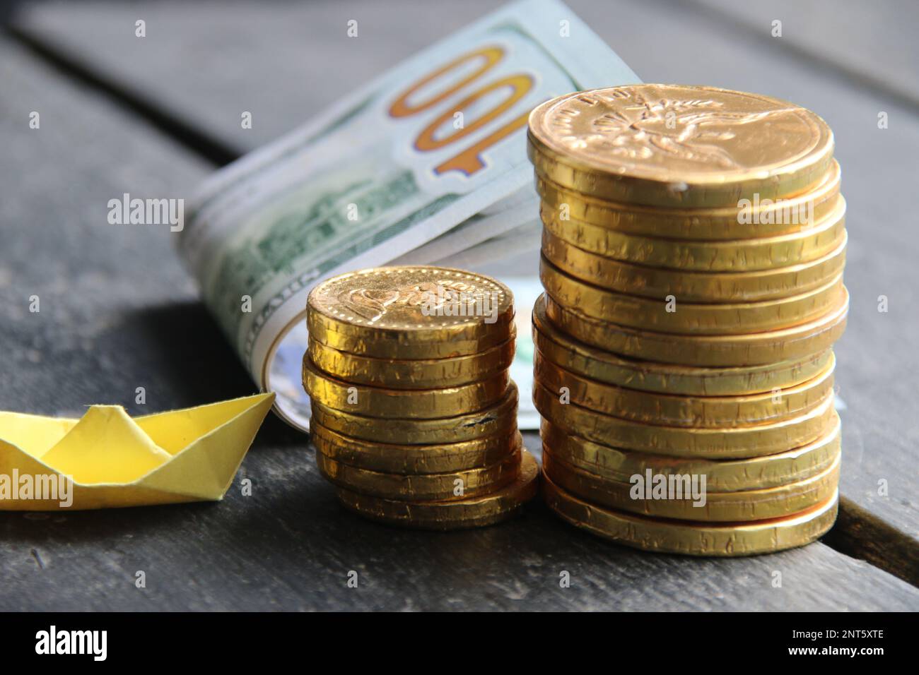 Golden coins on vintage background. Business success, money, start up ...