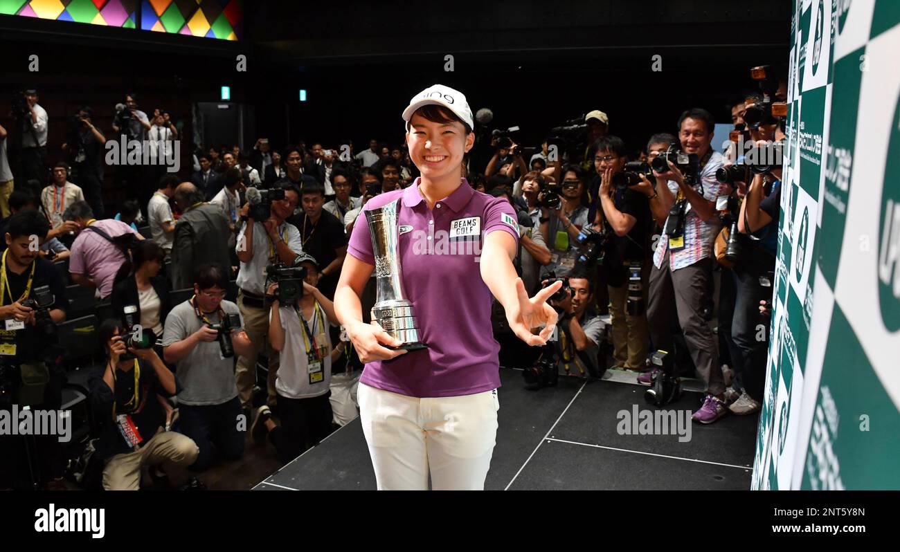 Japanese pro golfer Hinako Shibuno poses after attending a news ...