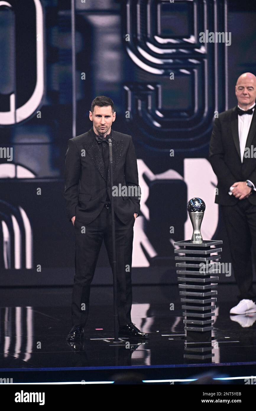 Paris, France, February 27, 2023. Lionel Messi receives the Best player ...