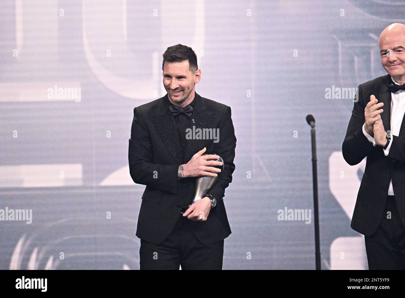 Paris, France, February 27, 2023. Lionel Messi receives the Best player ...