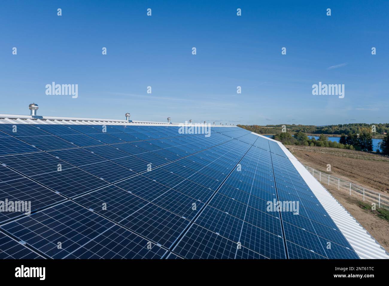 Solar panel on a farm roof. Drone point of view Stock Photo - Alamy