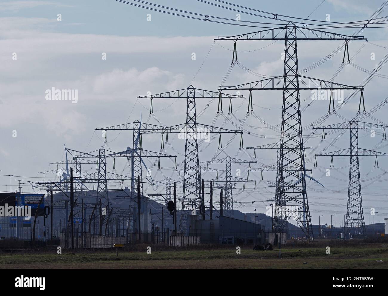 many high voltage power electicity lines masts towers in the port area ...