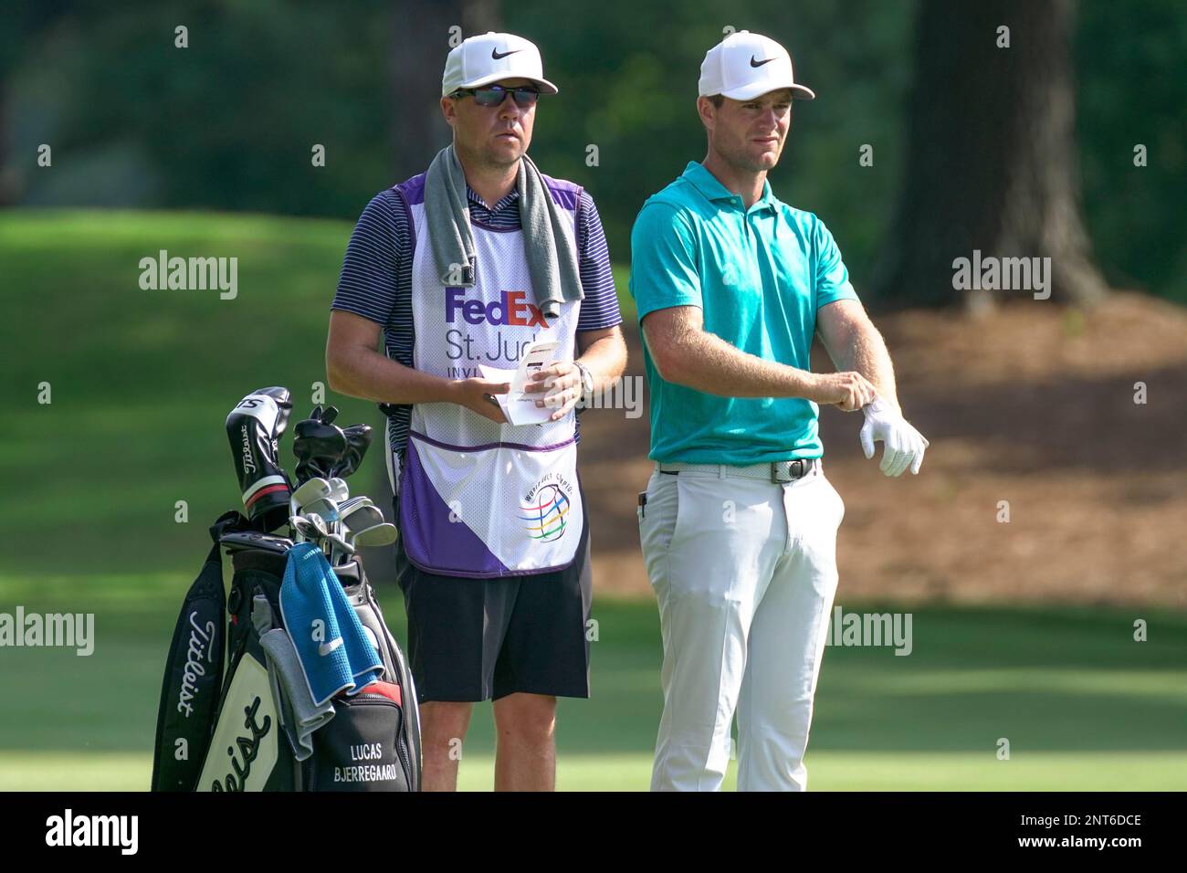 MEMPHIS, TN - JULY 27: Lucas Bjerregaard with his caddie on the 5th ...
