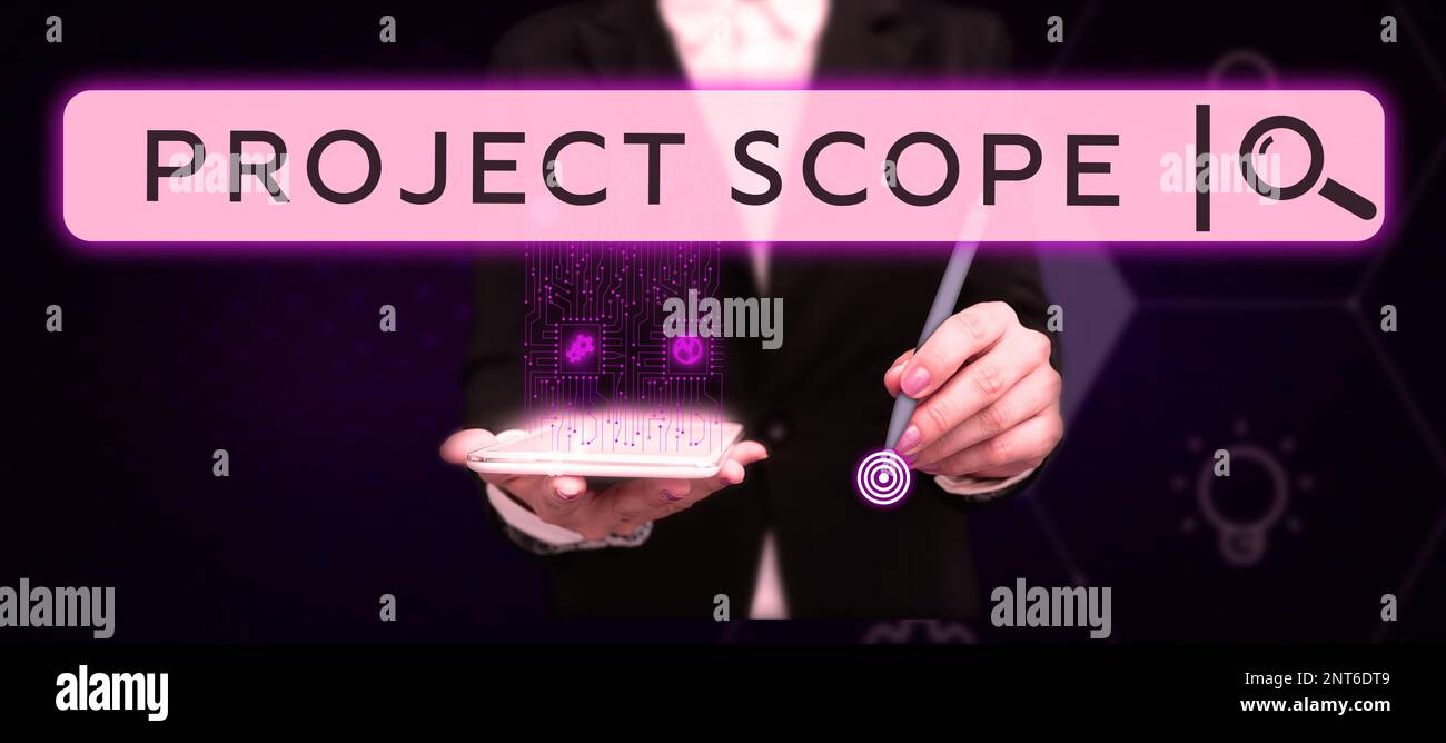 Text caption presenting Project Scope. Business idea evaluation of work efforts a product ...