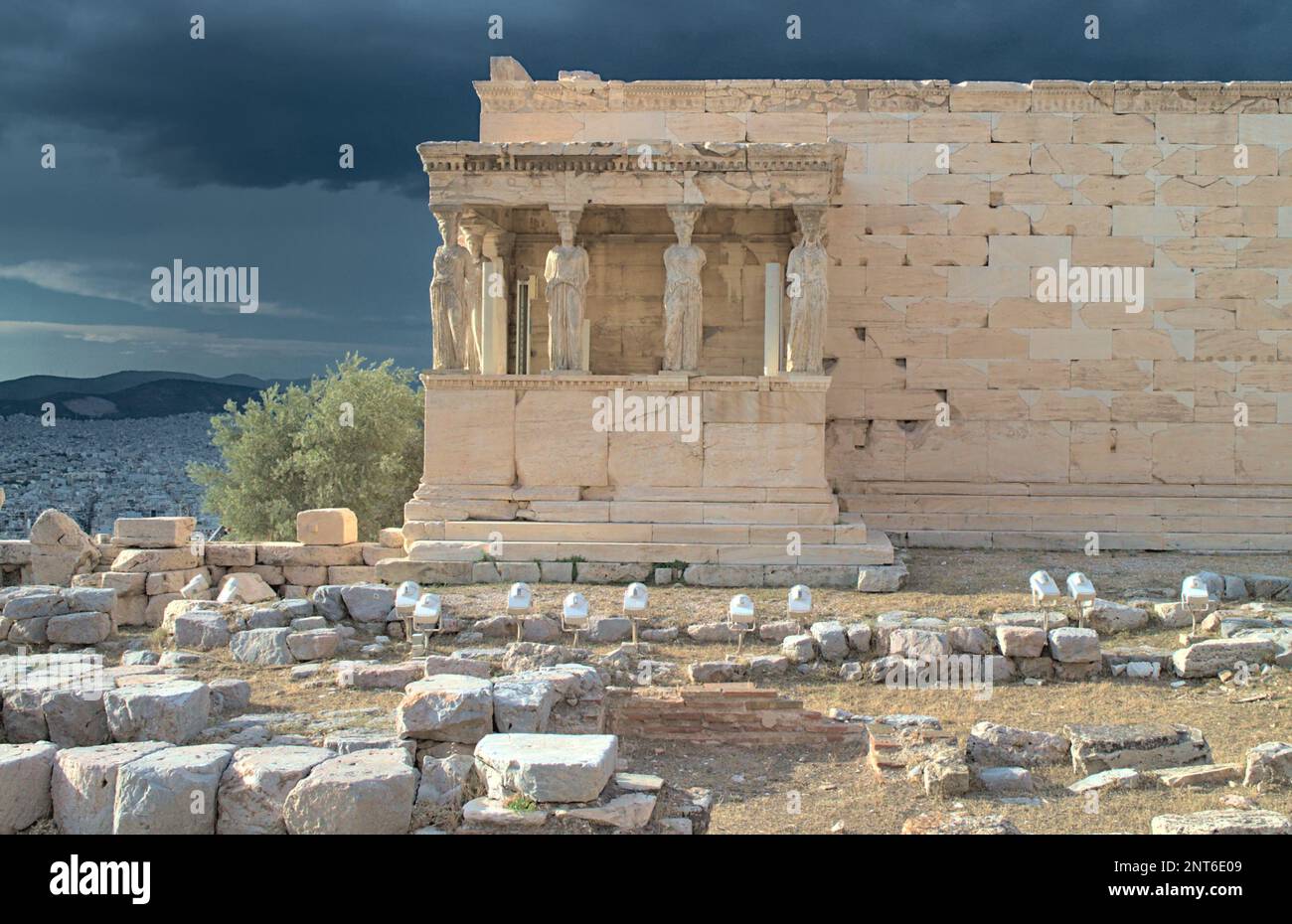 The Caryatid porch of the Erechtheion Temple on the Acropolis in Athens ...
