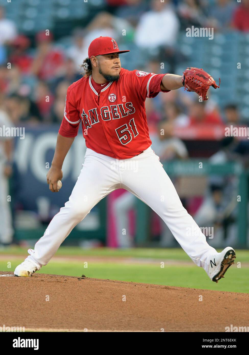 ANAHEIM, CA - JULY 29: Los Angeles Angels pitcher Jaime Barria (51) in ...