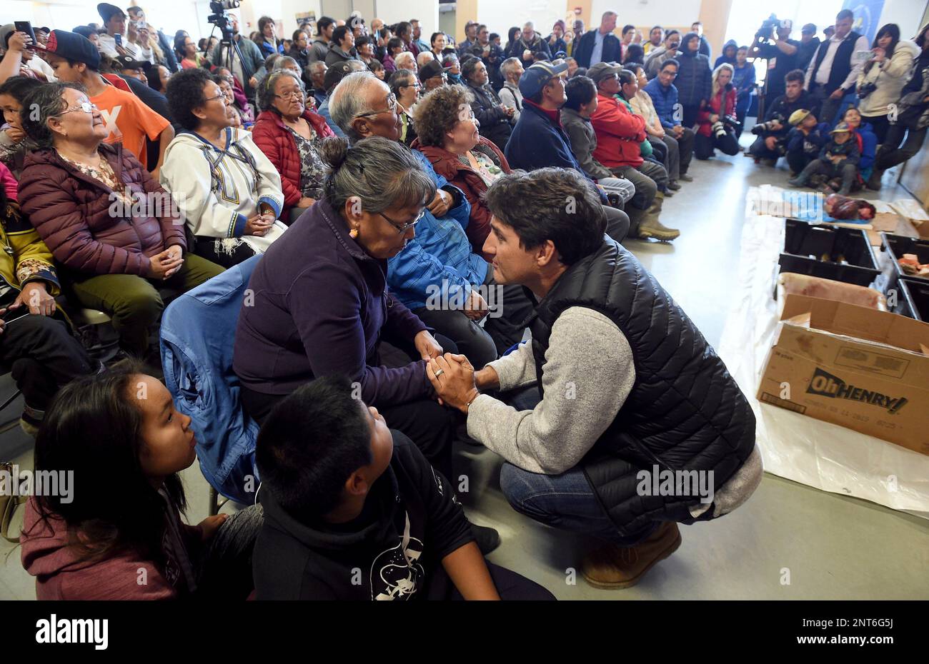 Canadian Prime Minister Justin Trudeau greets attendees at a community ...