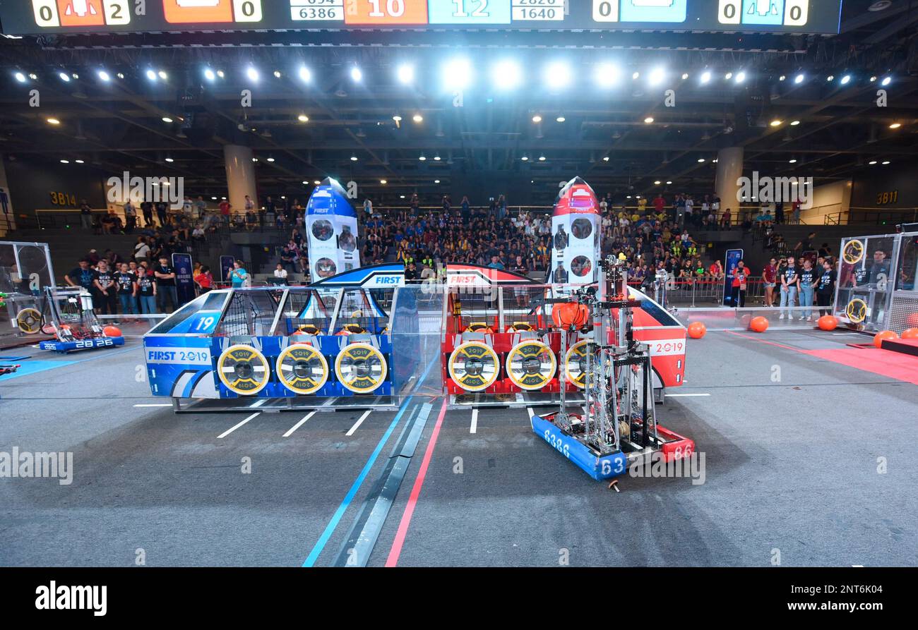 Robots compete in a match in the FIRST Robotics Competition (FRC） in ...