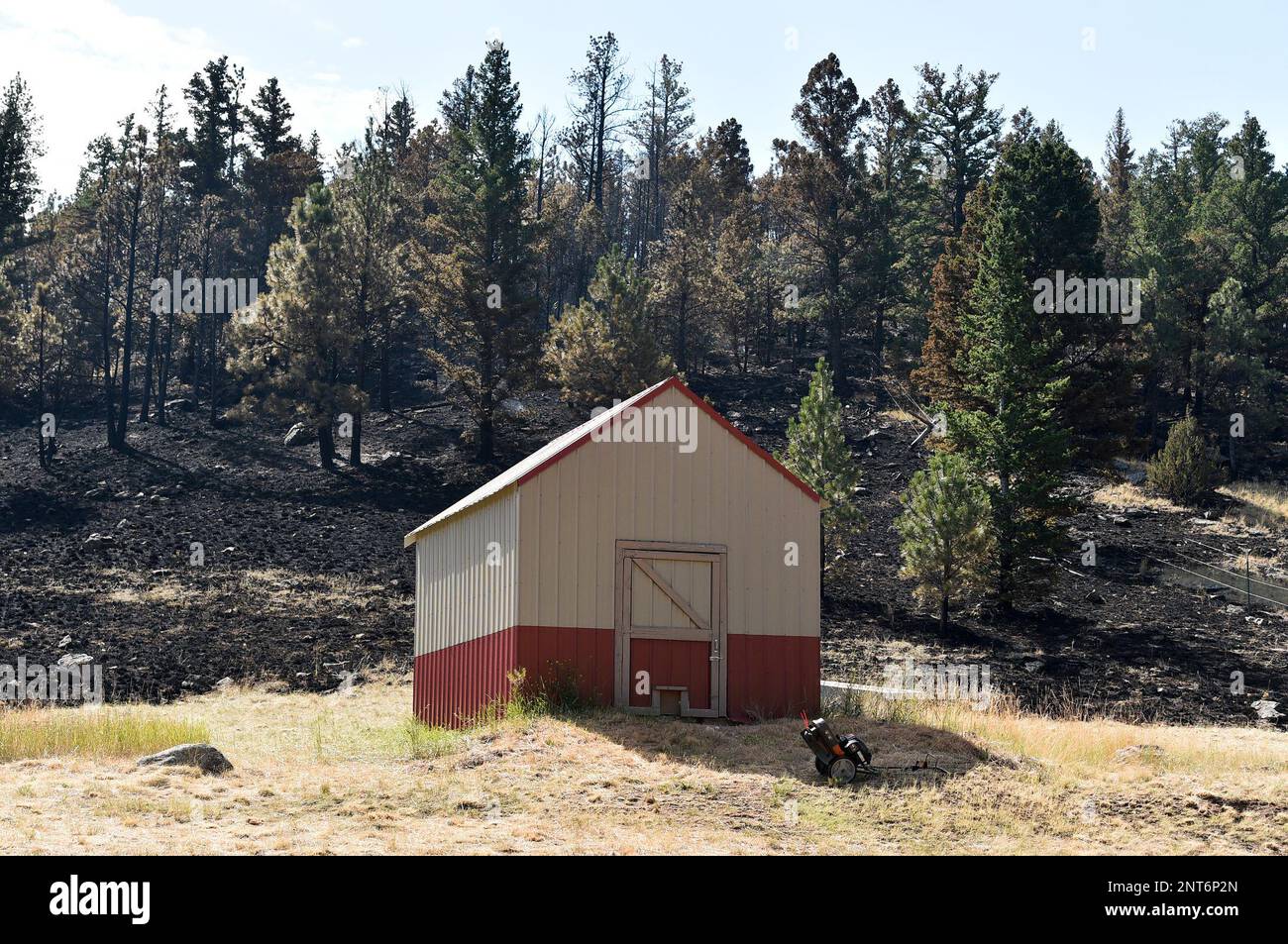 Fire scar can be seen behind a out building on Black Sandy Loop in the ...