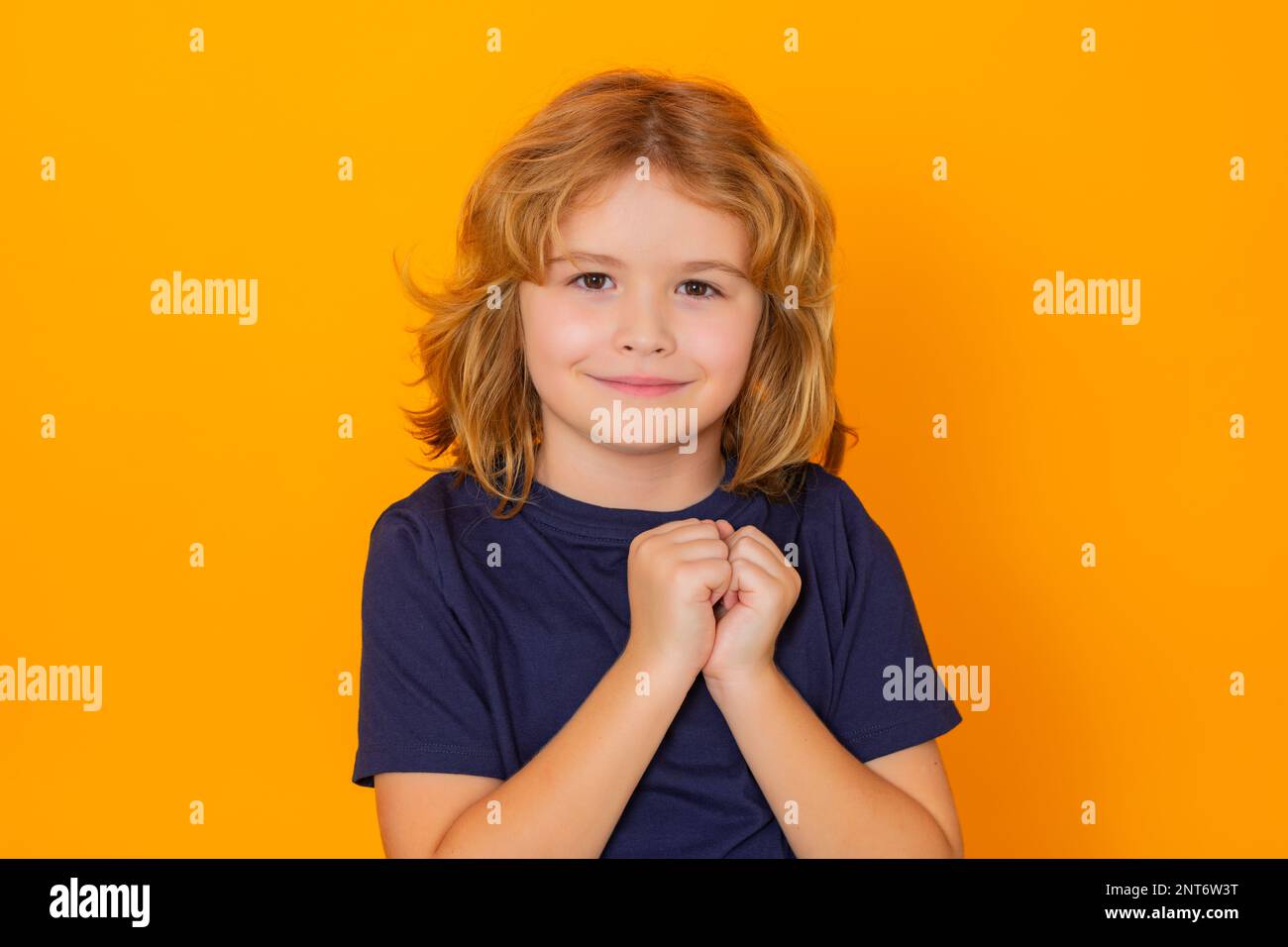 Cute child dream on yellow isolated studio background. Child ...