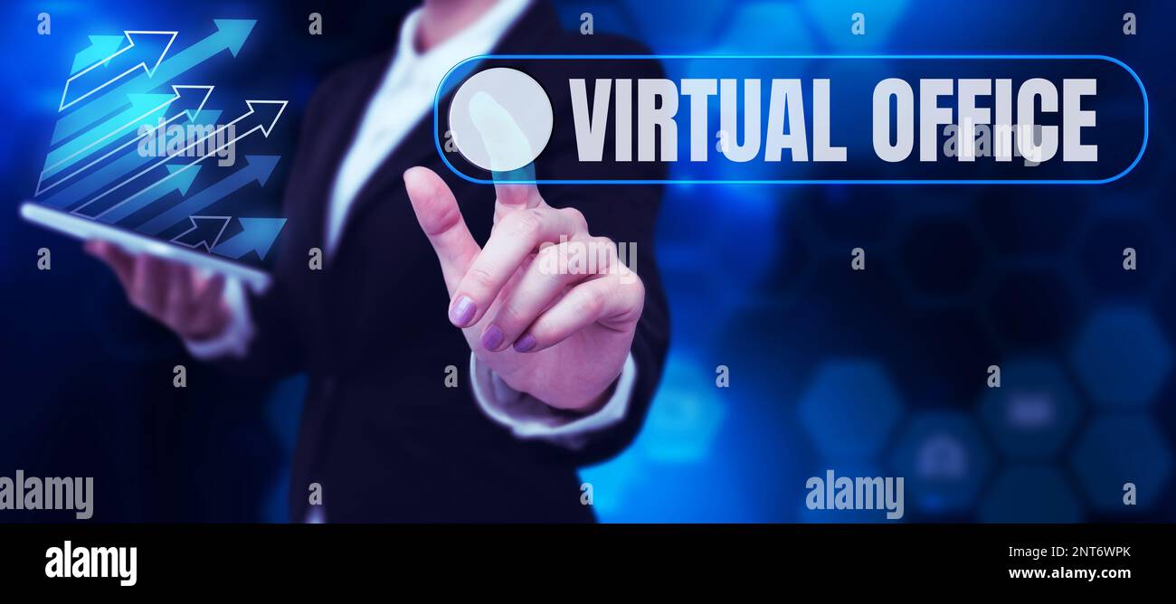 Conceptual caption Virtual Office. Concept meaning Mobile work ...