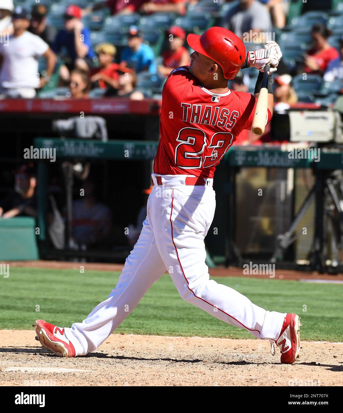 ANAHEIM, CA - JULY 28: Los Angeles Angels Infield Matt Thaiss (23) hits ...