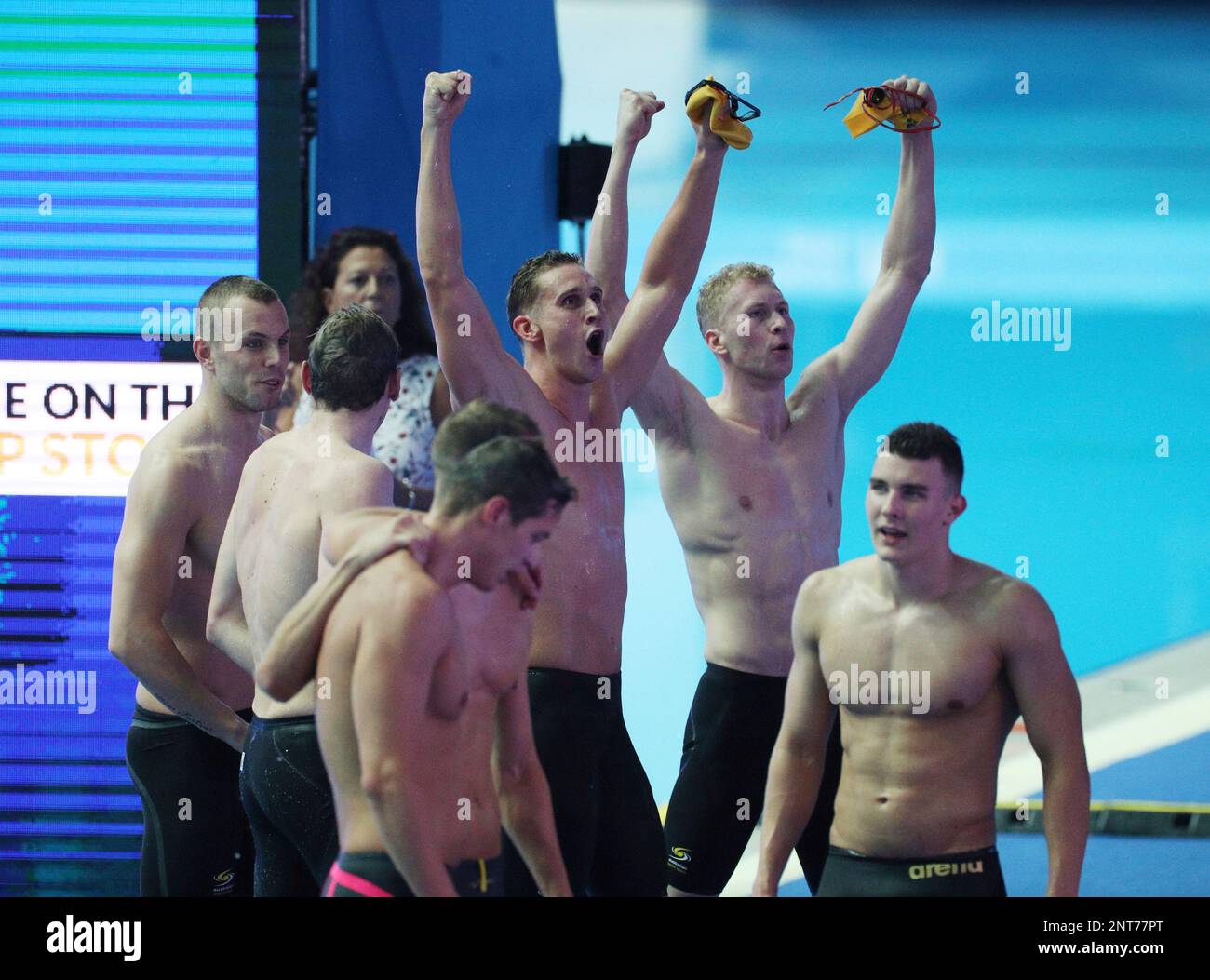 Australia's swimmers reacts after winning the Men's 4x200m Freestyle ...