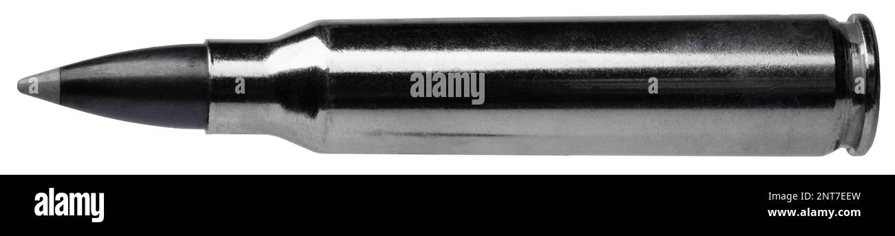 Black 223 caliber bullet on a silver looking cartridge case Stock Photo ...