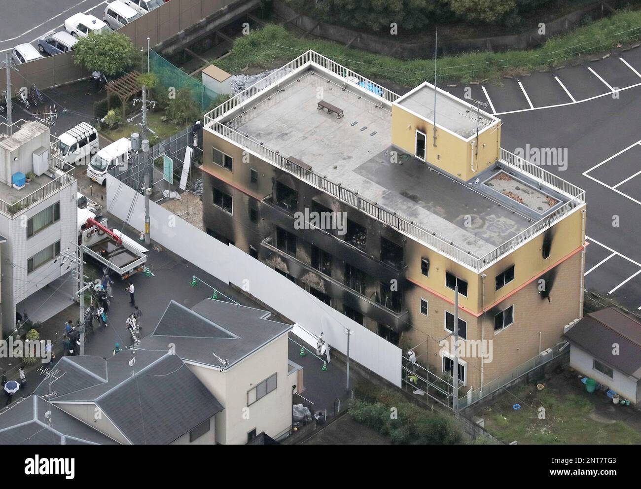 An aerial photo shows the walled arson site of Kyoto Animation Co., Ltd ...