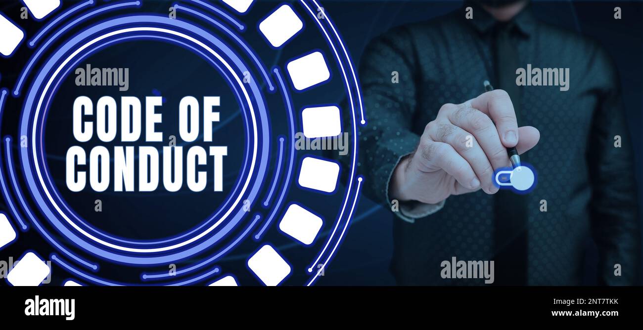 Text caption presenting Code Of Conduct. Business overview Ethics rules ...