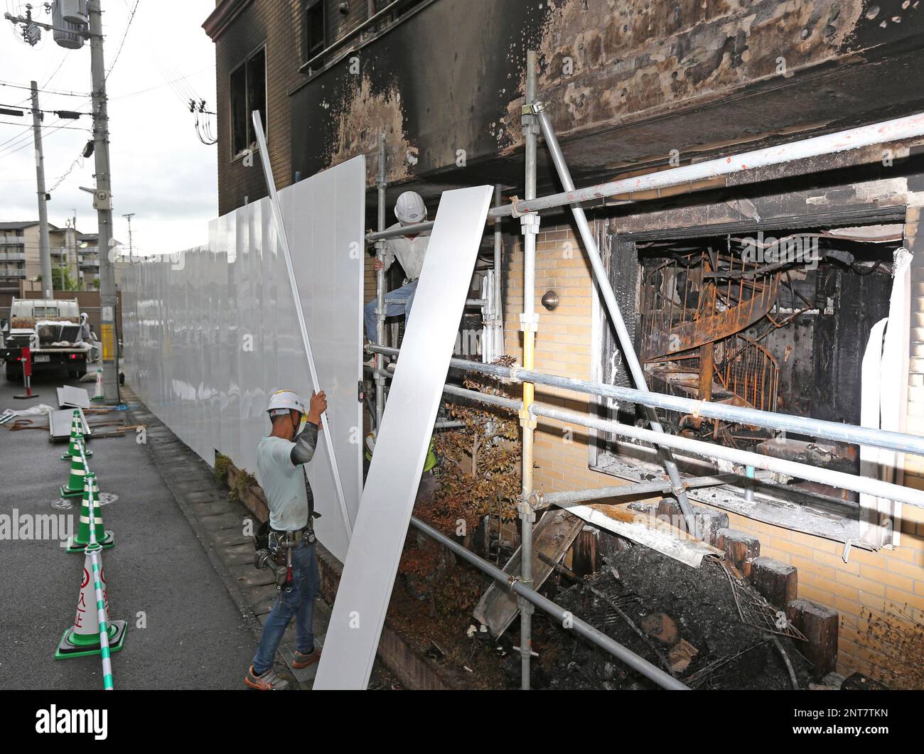 The arson site of Kyoto Animation CoA photo shows the walled arson site ...