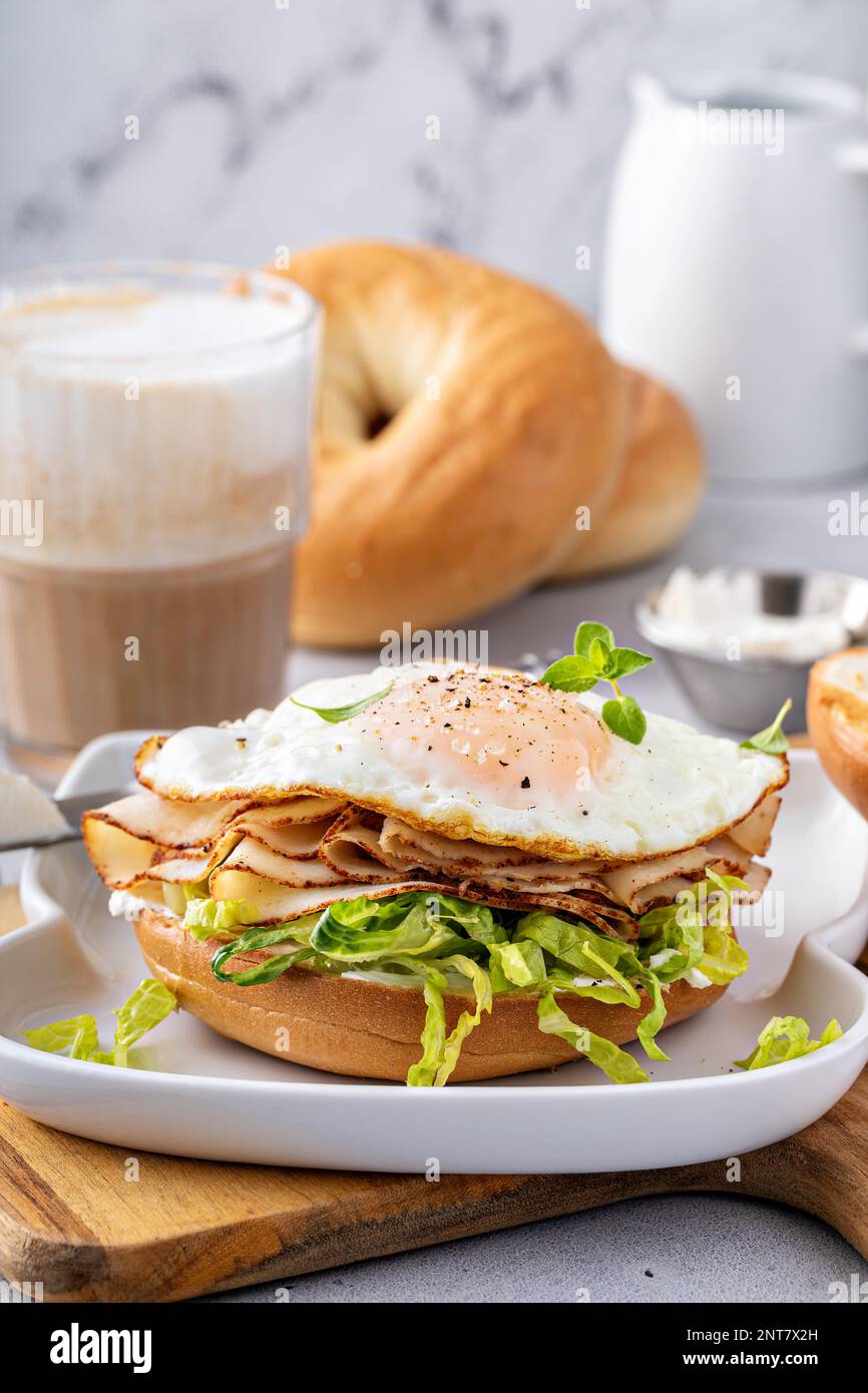 Bagel with cream cheese, shredded lettuce, sliced turkey and fried egg ...