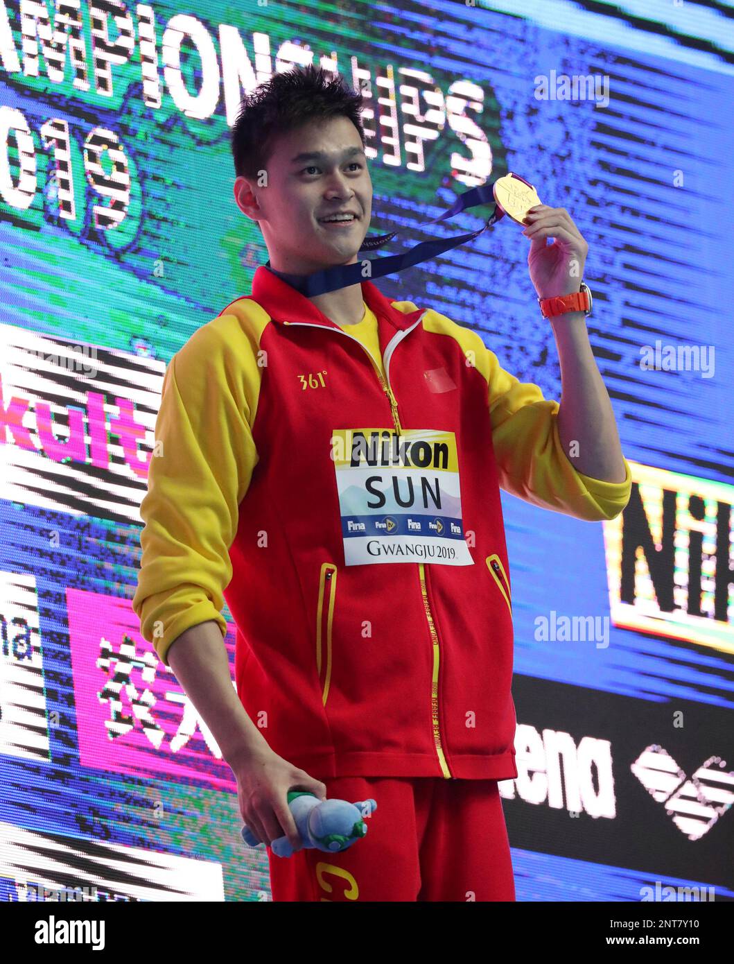 SUN Yang of China celebrates on the podium of the Swimming Men's 400m ...