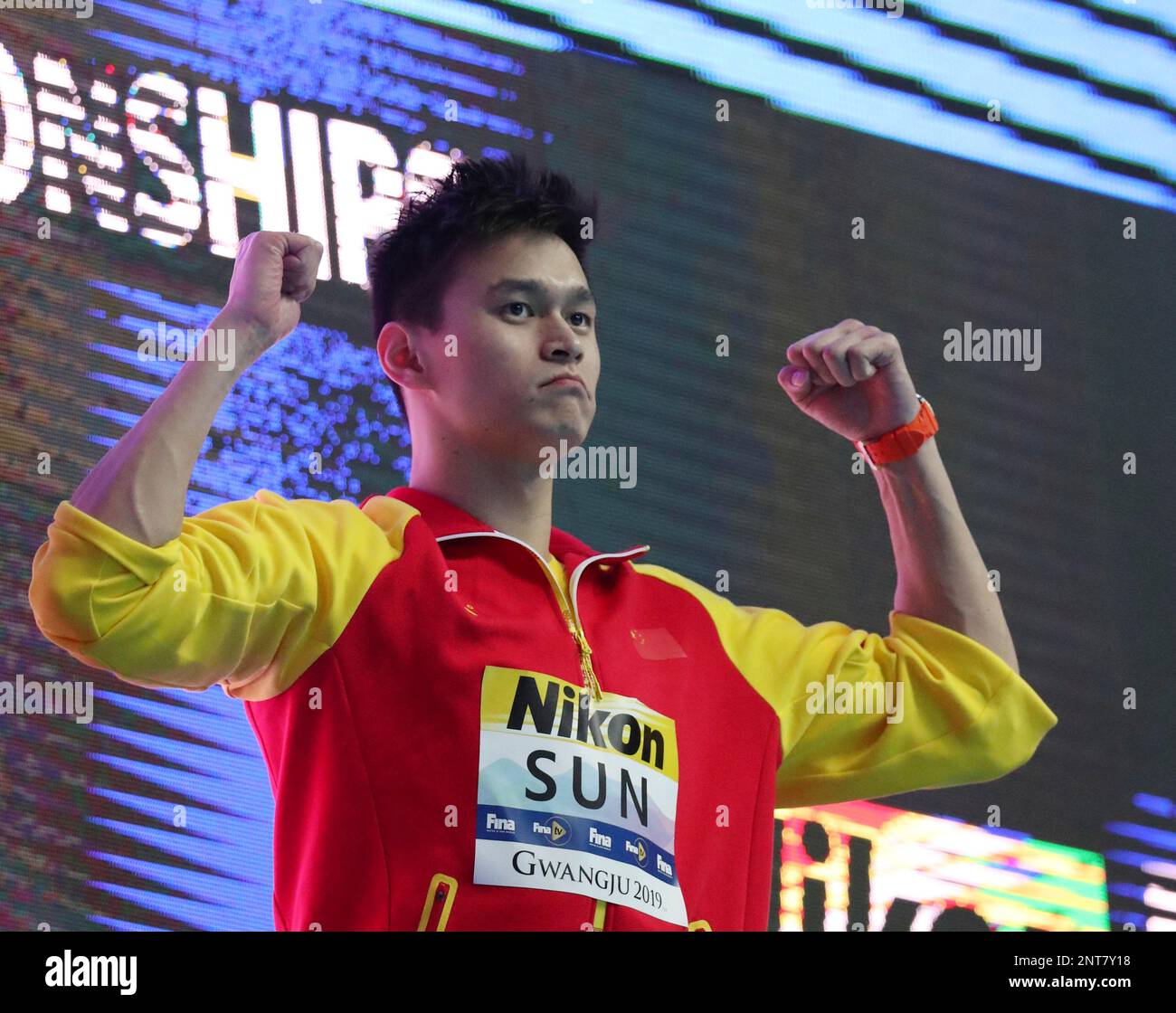 SUN Yang of China celebrates on the podium of the Swimming Men's 400m ...