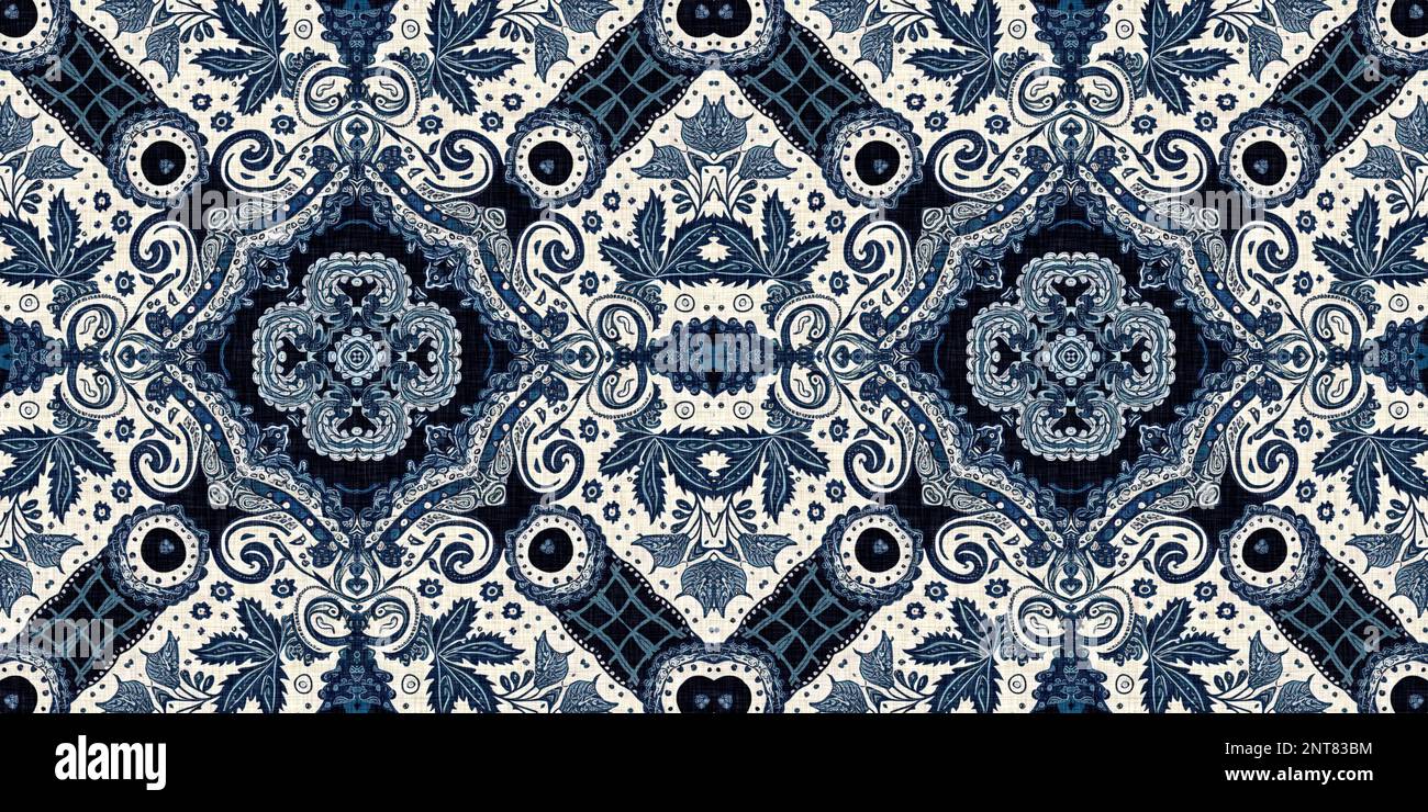 Retro indigo floral bandana 2 tone patterned fabric border background ...